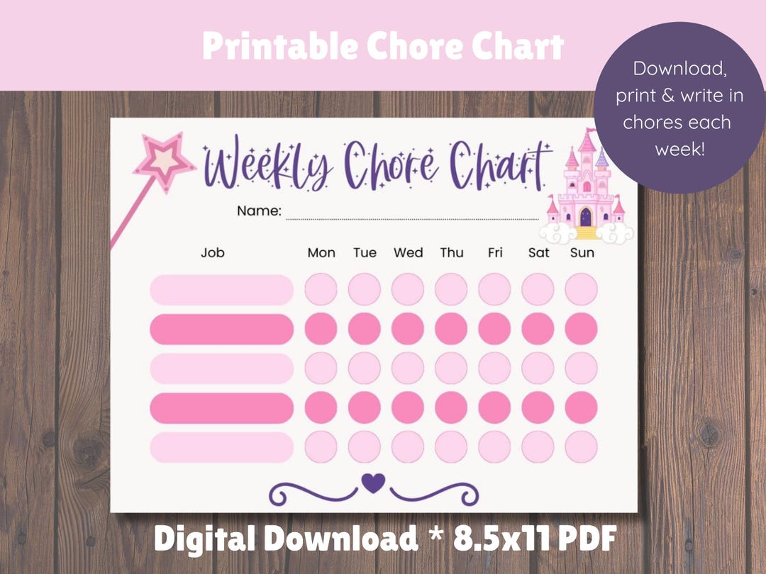 Princess Chore Chart Printable for Kids - Girls Pink Princess Weekly ...