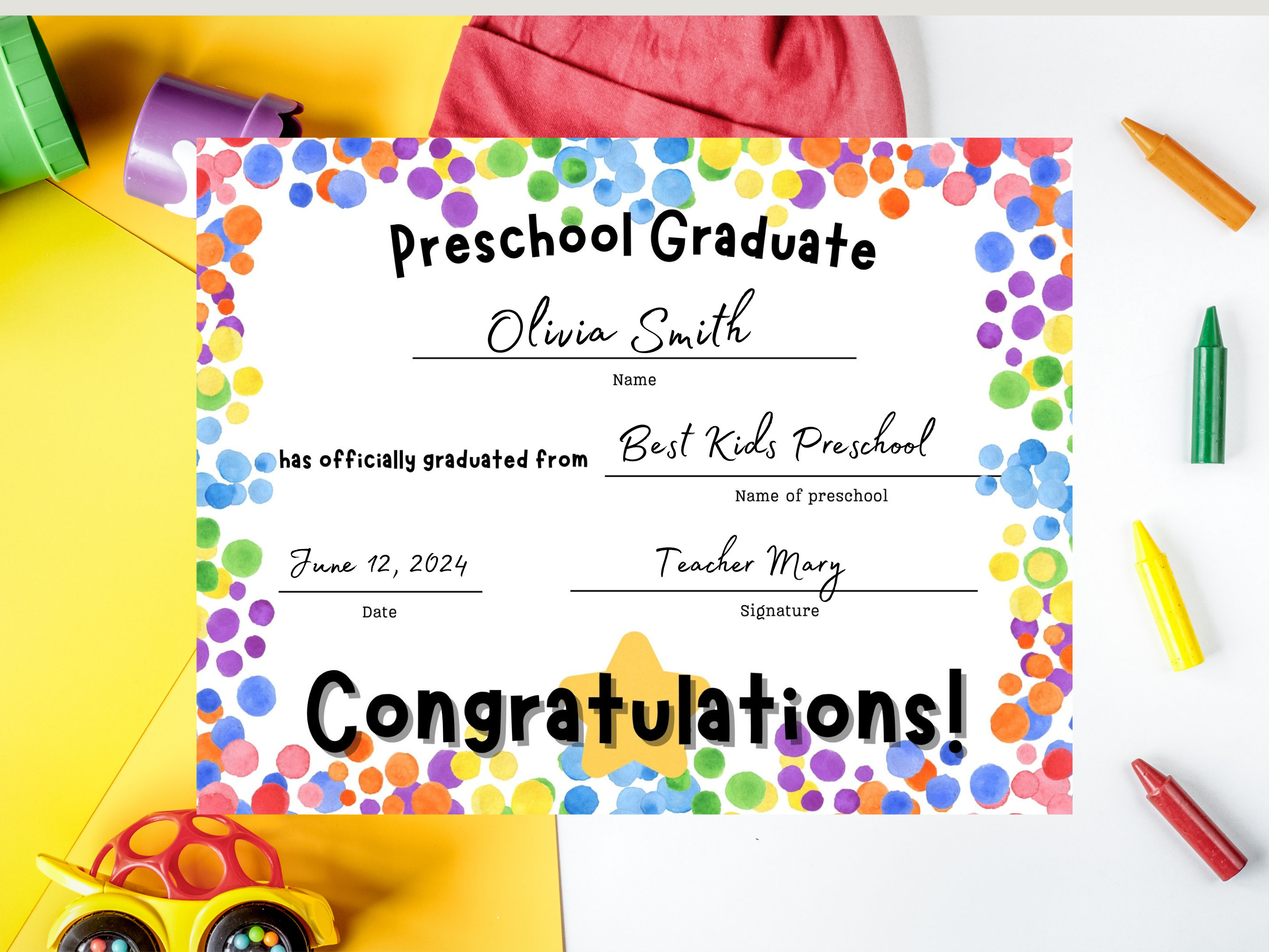Preschool Graduation Certificate: Colorful Keepsake Award (digital ...
