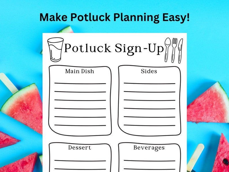 Hoja de registro de Potluck imprimible en blanco y negro para la fiesta ...