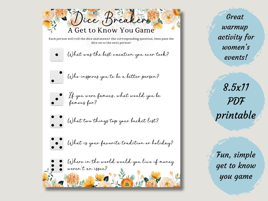 Ice Breaker Dice Game Printable: Get to Know You Activity (digital ...