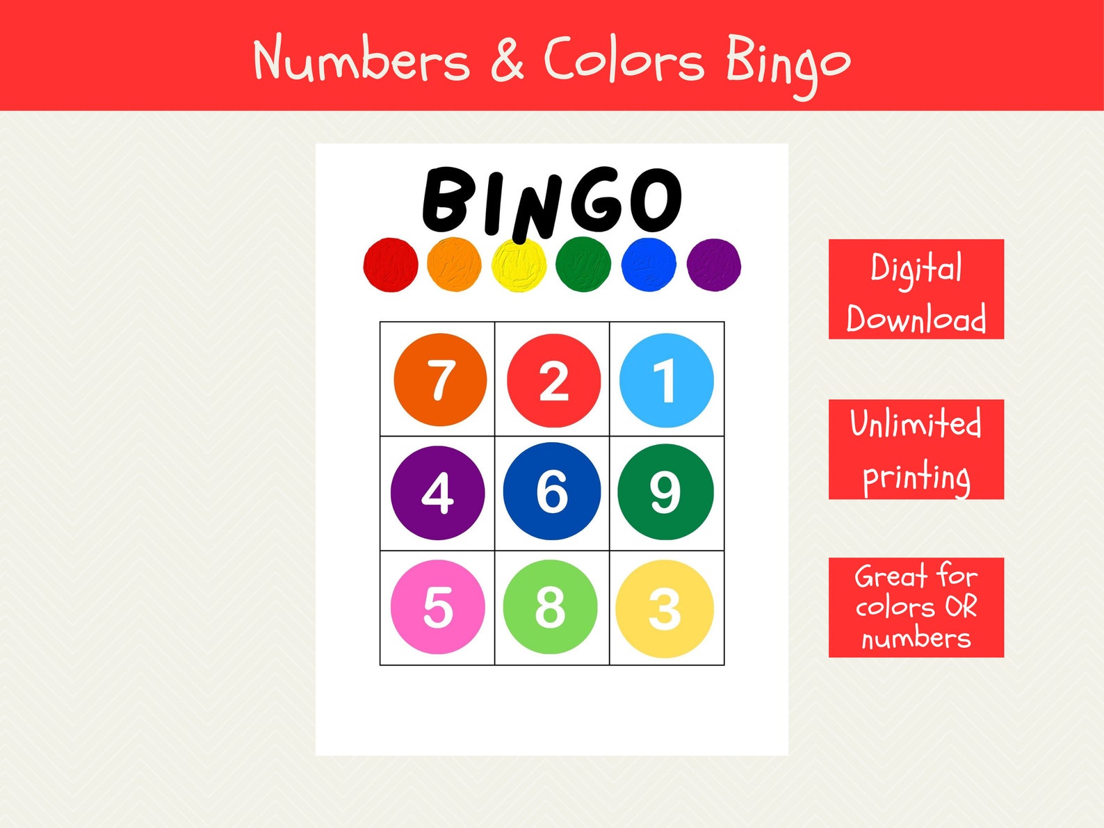 Preschool Game Printable for Learning Numbers and Color Bingo Game ...