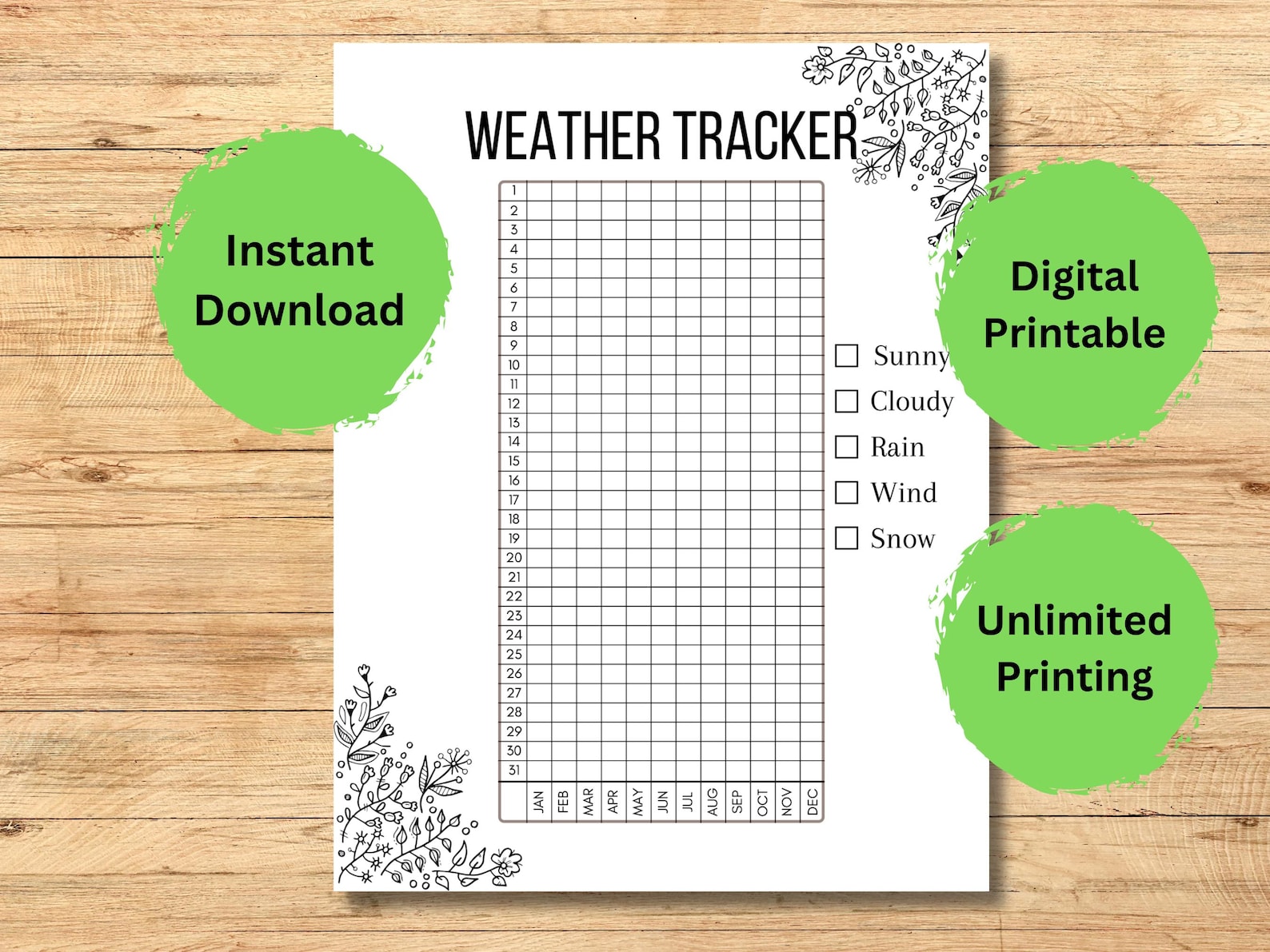 Daily Weather Tracker Chart Printable | New Year Weather Graph Weekly ...