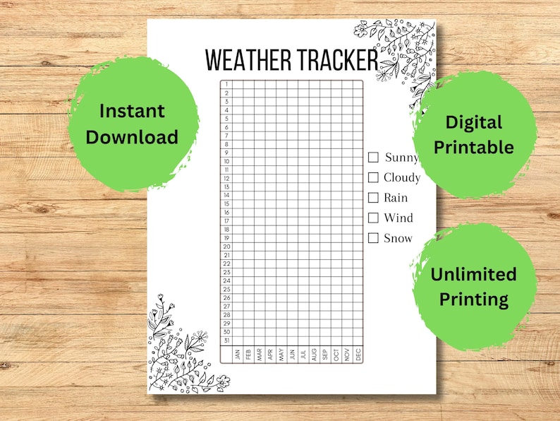 Daily Weather Tracker Chart Printable | New Year Weather Graph Weekly ...