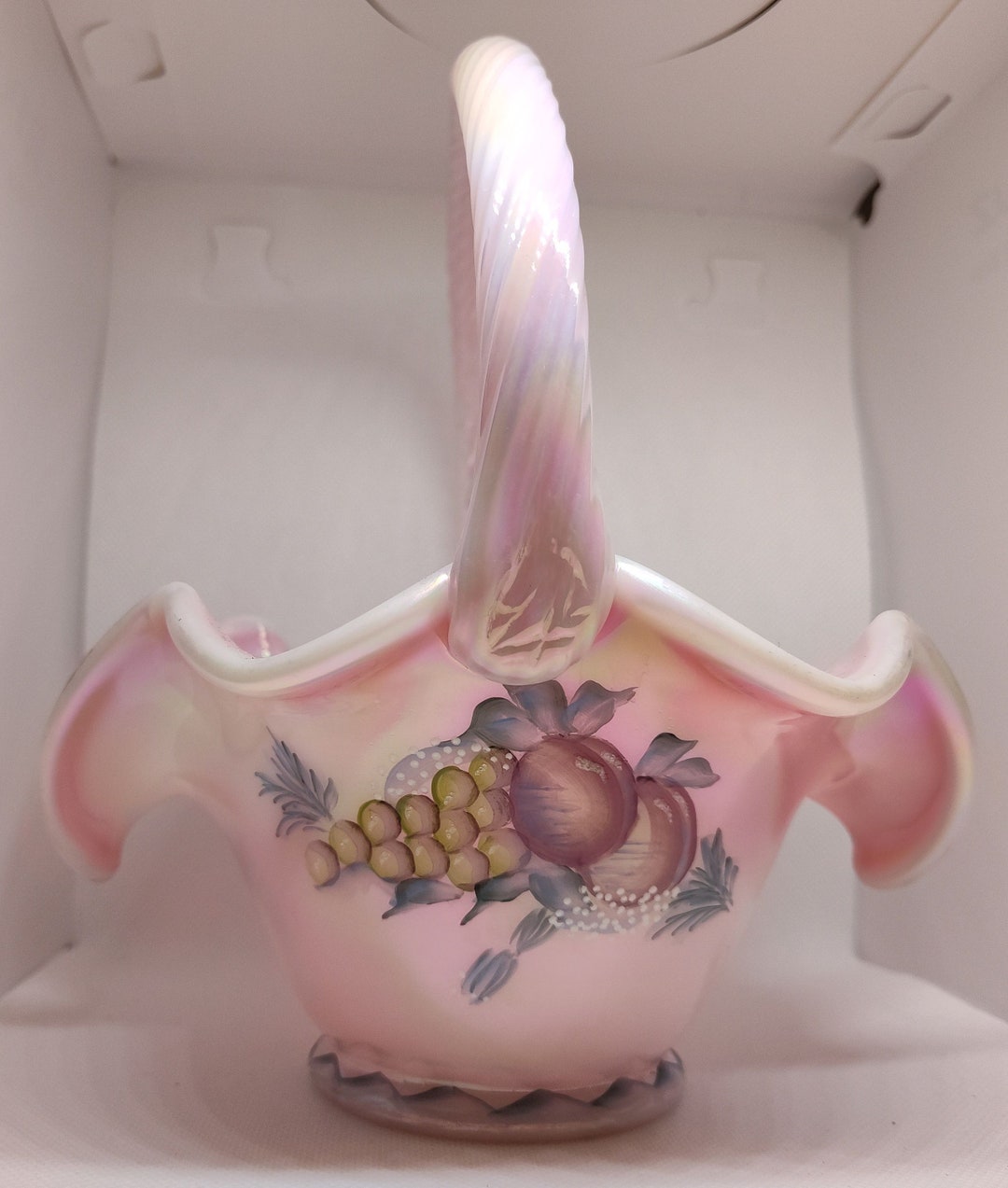 Fenton Hand Painted Fruit & Floral on Rosalene Carnival Basket Lynn ...