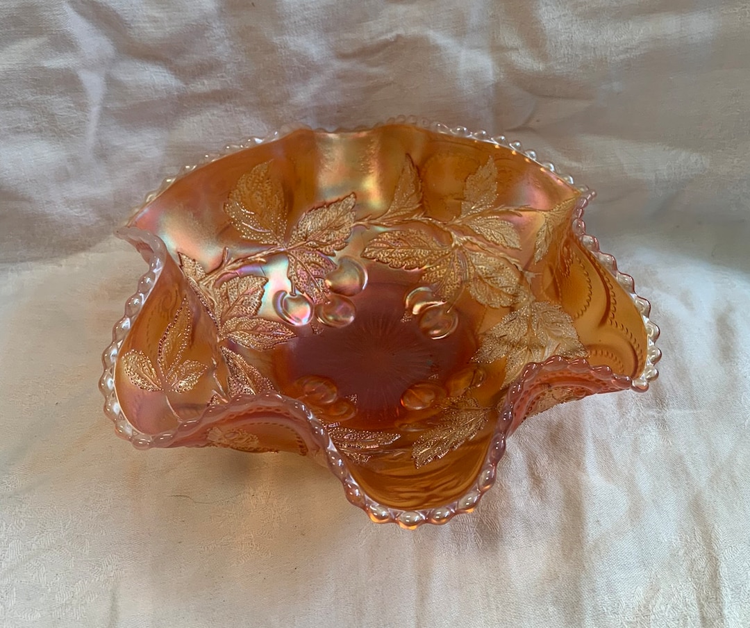 Dugan Peach Opal Carnival Glass Bowl - Cherries Pattern - Etsy