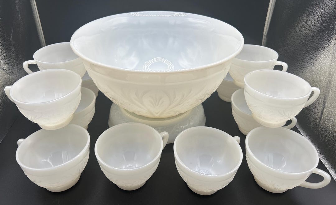 Sandwich Milk Glass Punch Bowl Stand & Cups - Etsy