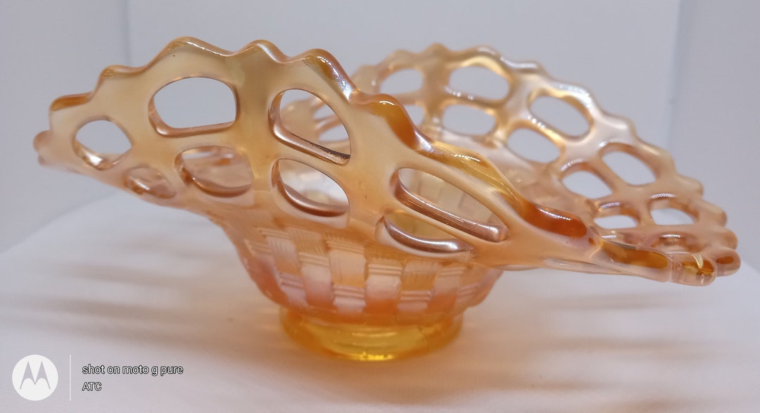 Marigold Carnival Glass Bowl- Open Edge Basket Weave Pattern by Fenton ...