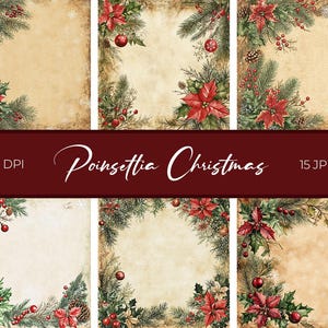 Vintage Christmas Poinsettias Digital Paper Pack – Holiday Backgrounds ...