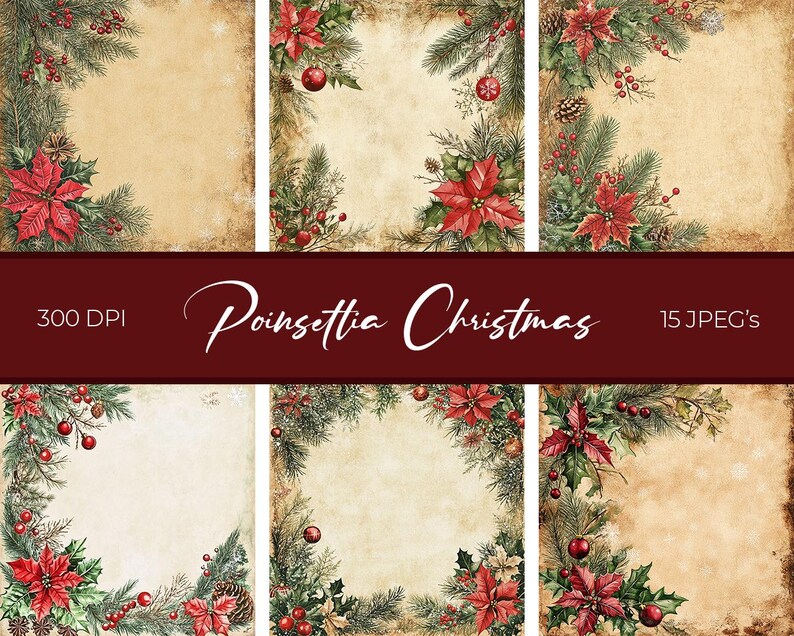 Vintage Christmas Poinsettias Digital Paper Pack – Holiday Backgrounds ...