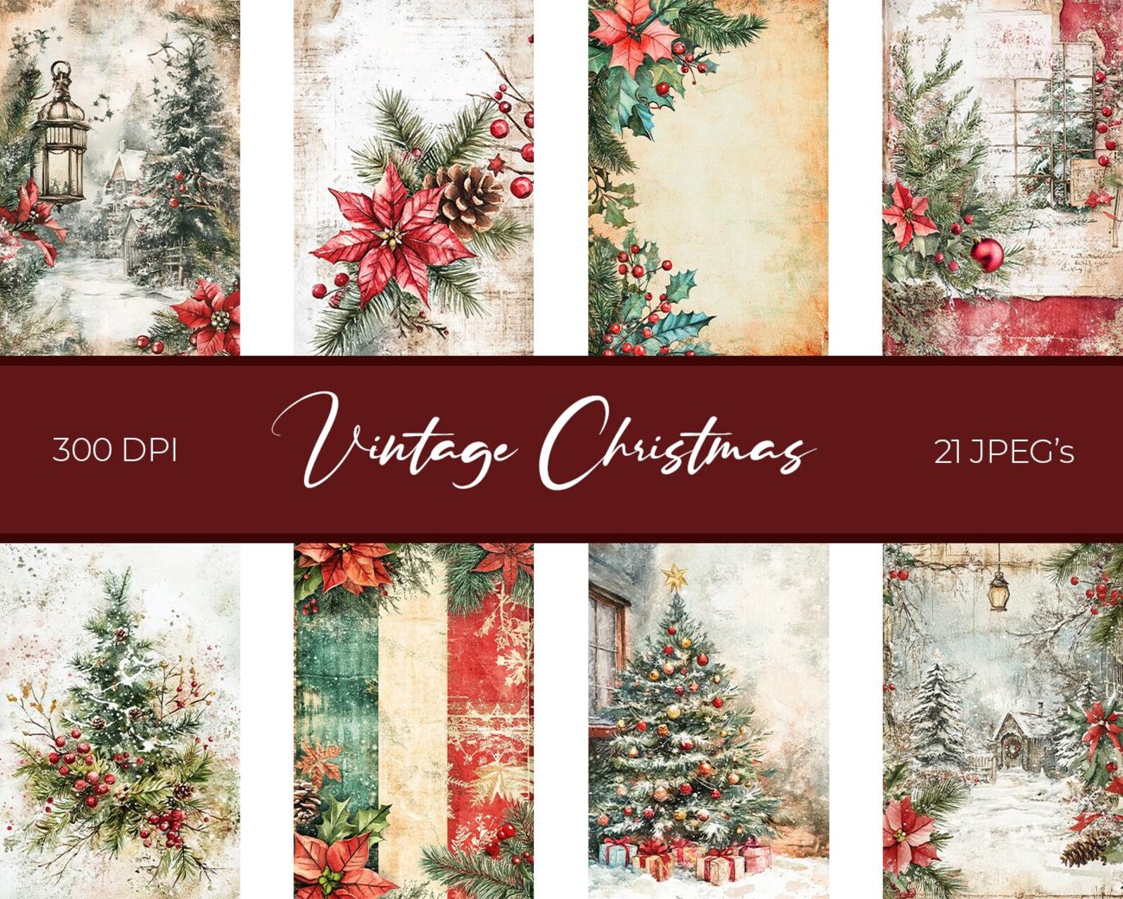 Vintage Christmas Digital Paper Pack Holiday Backgrounds for ...