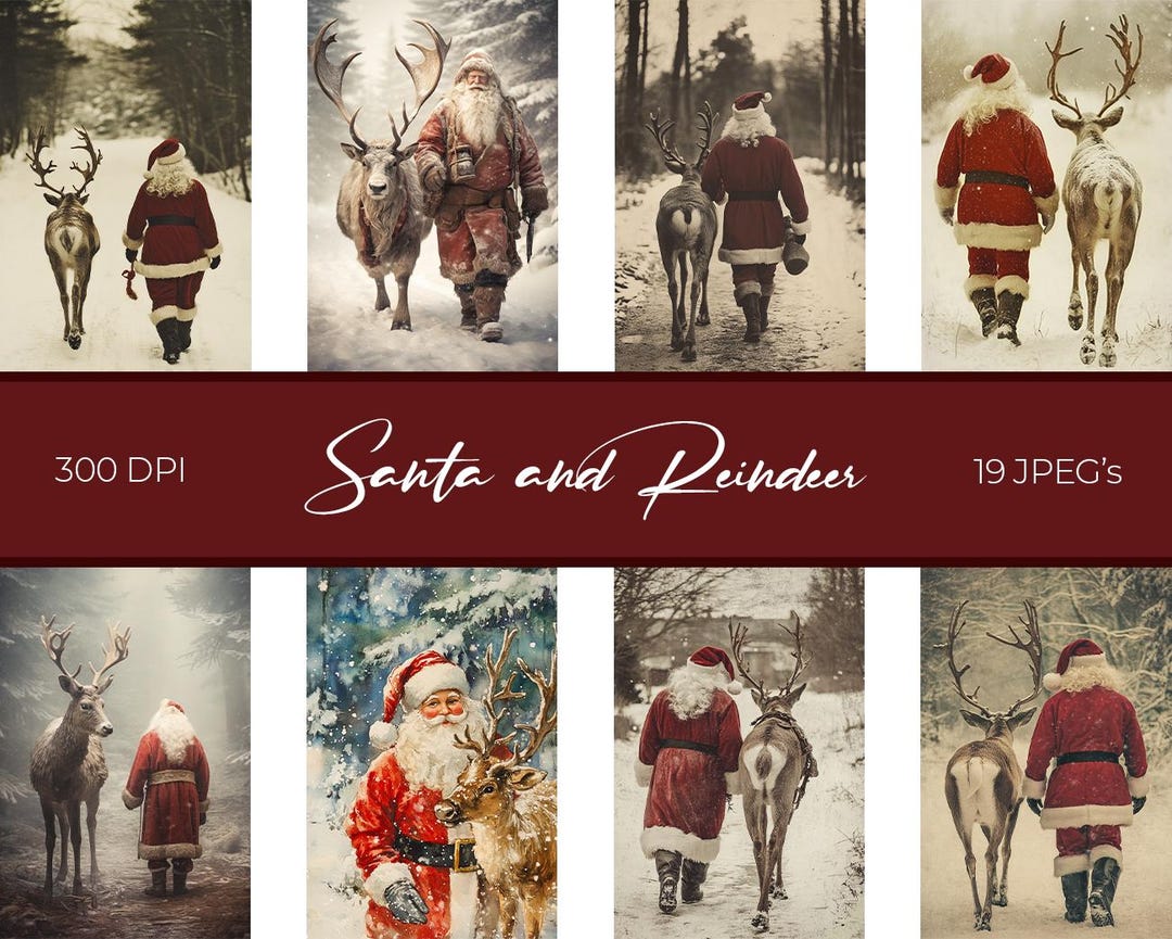 Vintage Santa and Reindeer Christmas Digital Paper Pack – Holiday ...