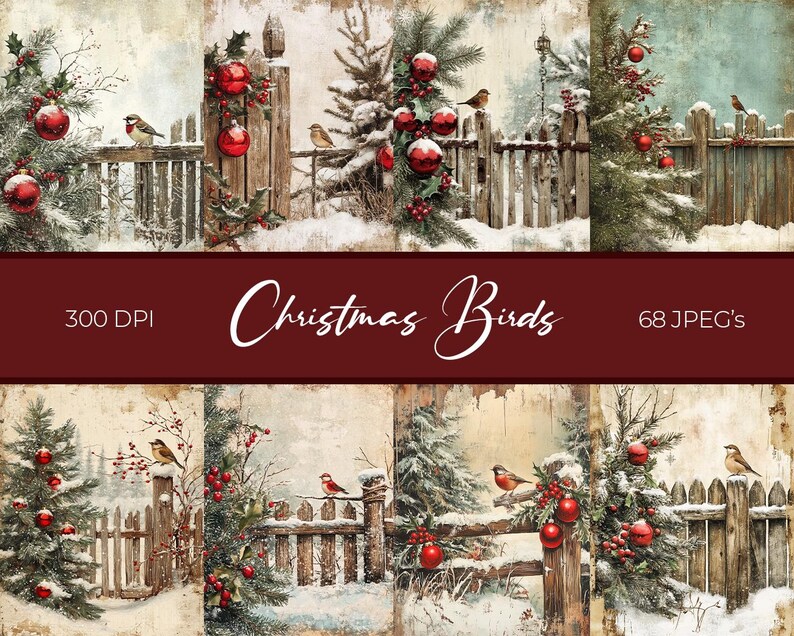 Vintage Christmas Birds Digital Paper Pack – Holiday Backgrounds for ...