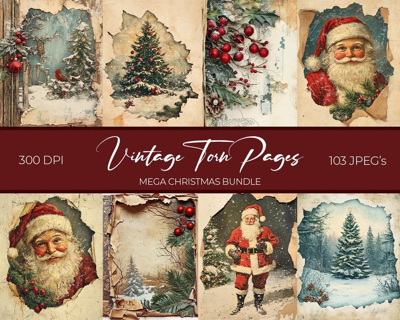 Vintage Christmas Torn Pages MEGA BUNDLE Digital Paper Pack Holiday ...