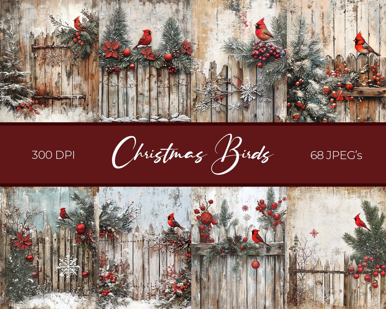 Vintage Christmas Birds Digital Paper Pack – Holiday Backgrounds for ...