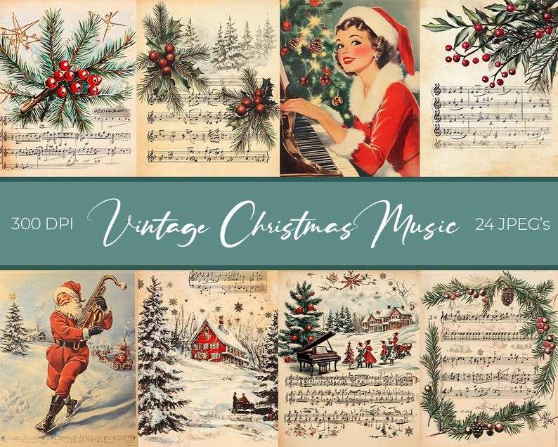 Vintage Christmas Sheet Music Digital Paper Pack – Holiday Backgrounds ...