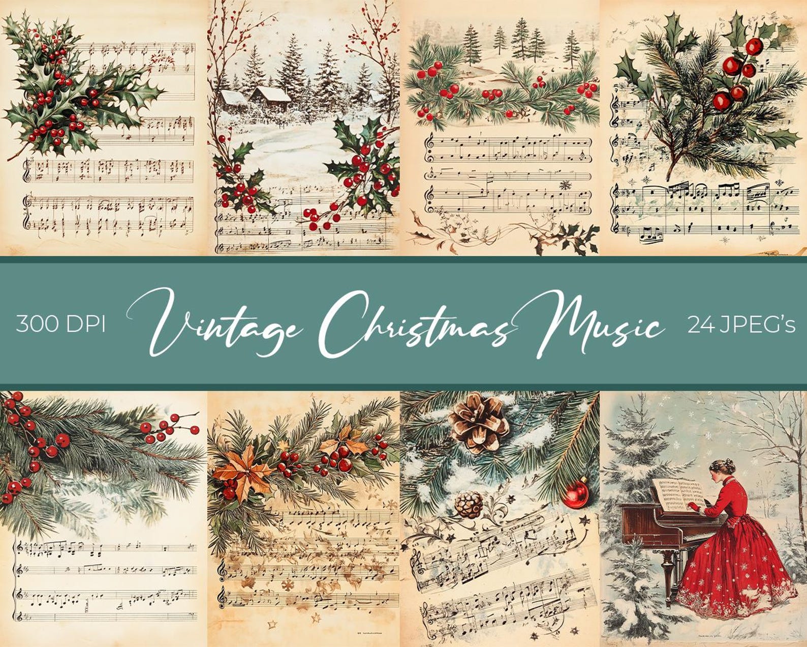 Vintage Christmas Sheet Music Digital Paper Pack – Holiday Backgrounds ...