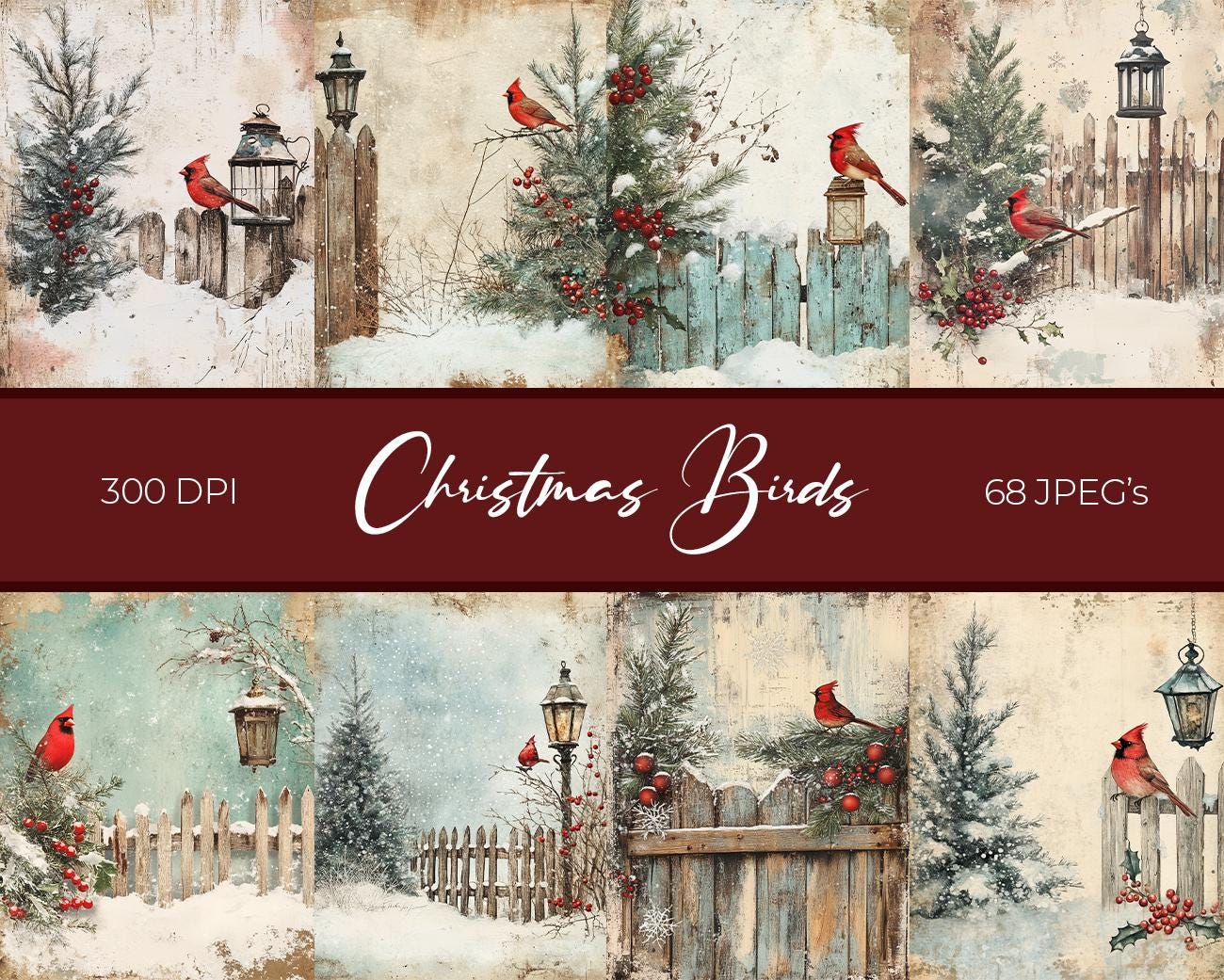 Vintage Christmas Birds Digital Paper Pack – Holiday Backgrounds for ...