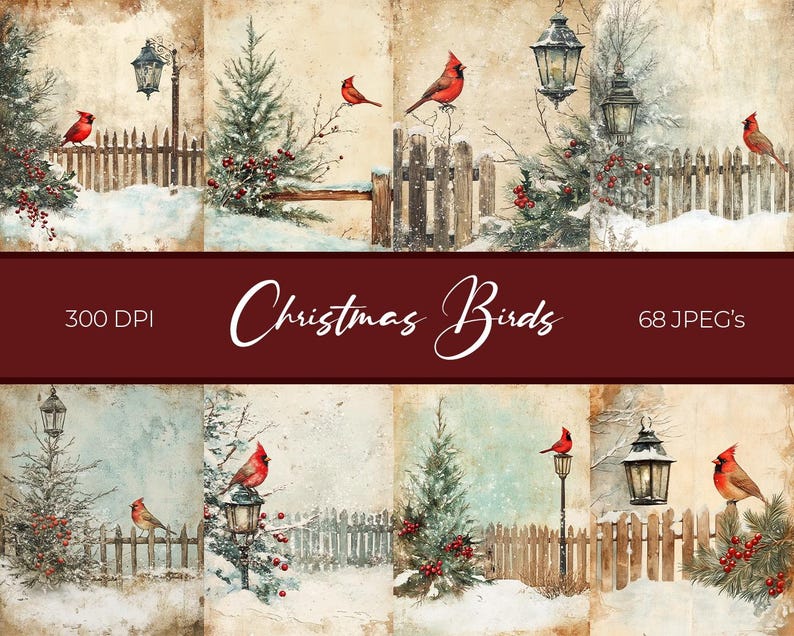 Vintage Christmas Birds Digital Paper Pack – Holiday Backgrounds for ...