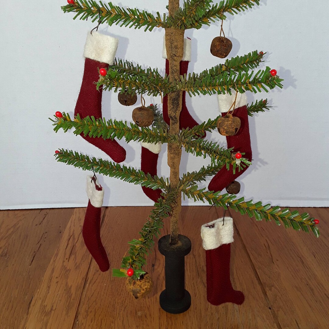 Primitive Christmas Faux Feather Tree With Red Wool Stocking Ornaments ...
