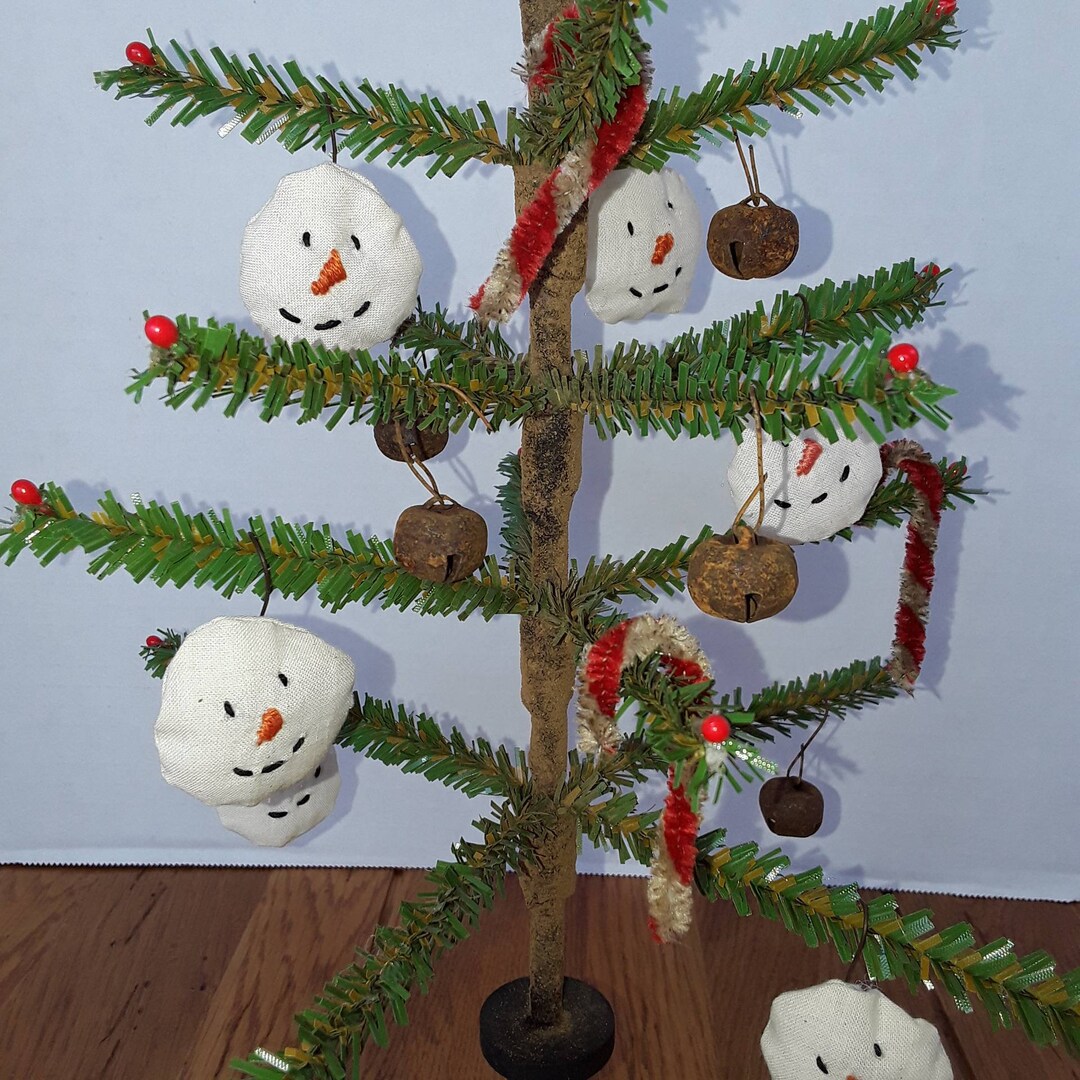 Primitive Christmas Faux Feather Tree With Snowman and Candy Cane ...