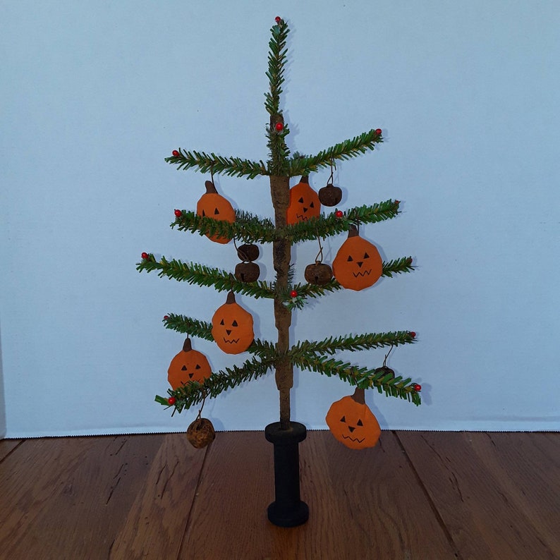 Primitive Fall Halloween Faux Feather Tree With Pumpkin Face Ornaments ...