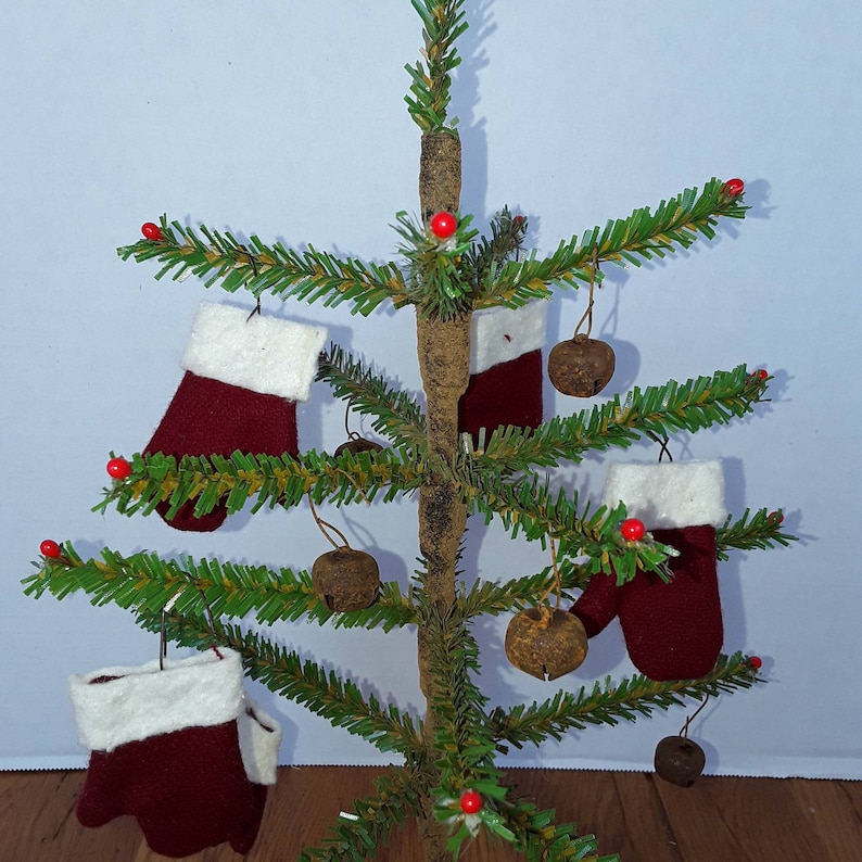 Primitive Christmas Faux Feather Tree With Red Mitten Ornaments, Faux ...