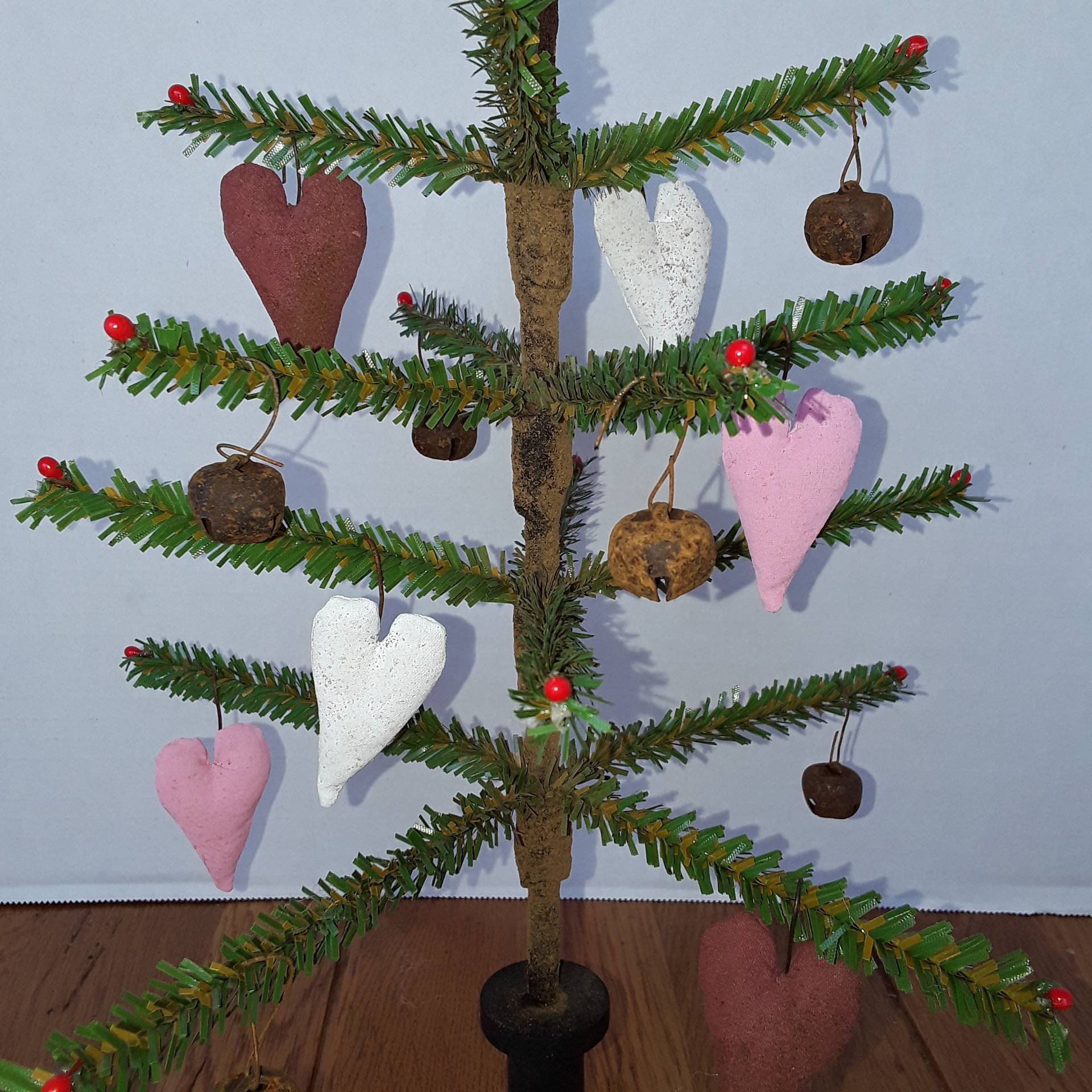 Primitive Christmas Faux Feather Tree With Red Ticking Mitten | Etsy