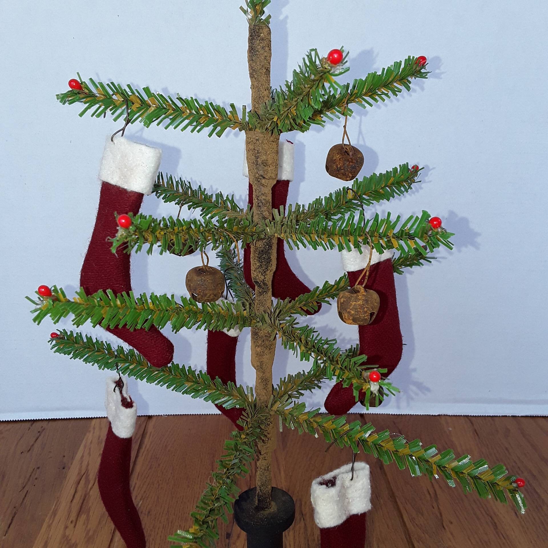 Primitive Christmas Faux Feather Tree With Red Wool Stocking | Etsy