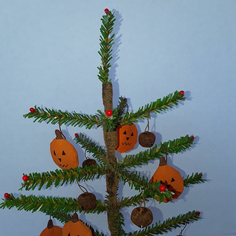 Primitive Fall Halloween Faux Feather Tree With Pumpkin Face Ornaments ...