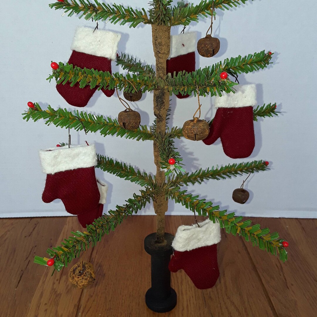Primitive Christmas Faux Feather Tree With Red Mitten Ornaments, Faux ...