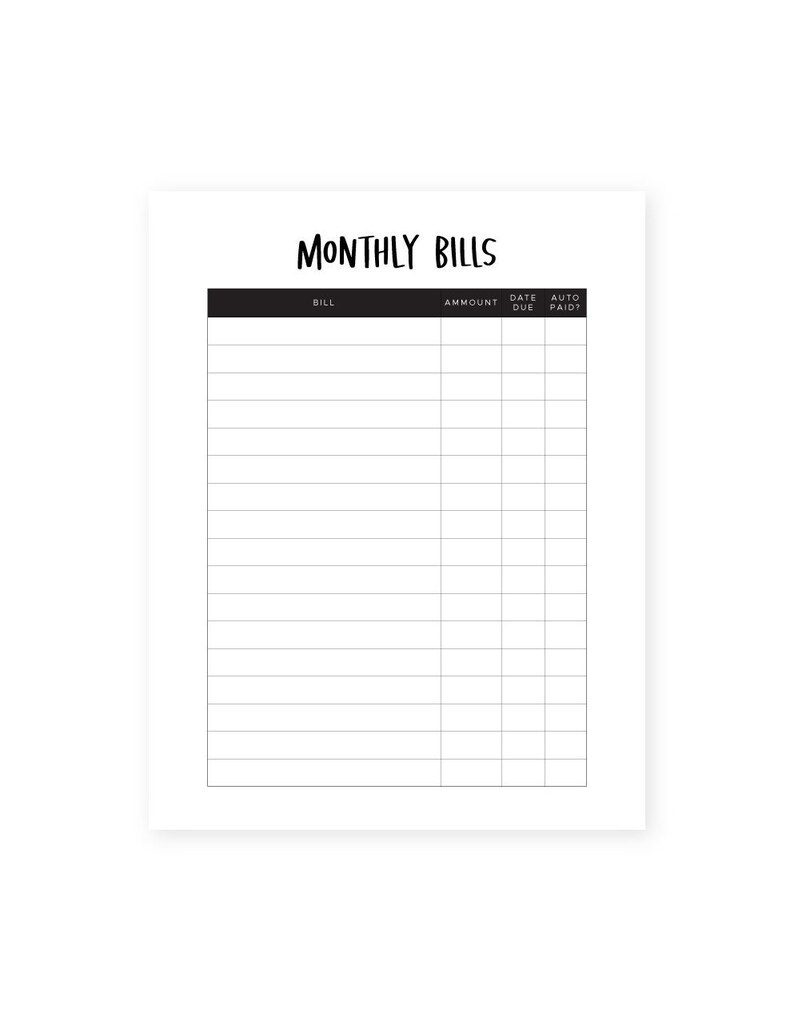 Monthly Bills List • Instant Download • Money Management • Download ...