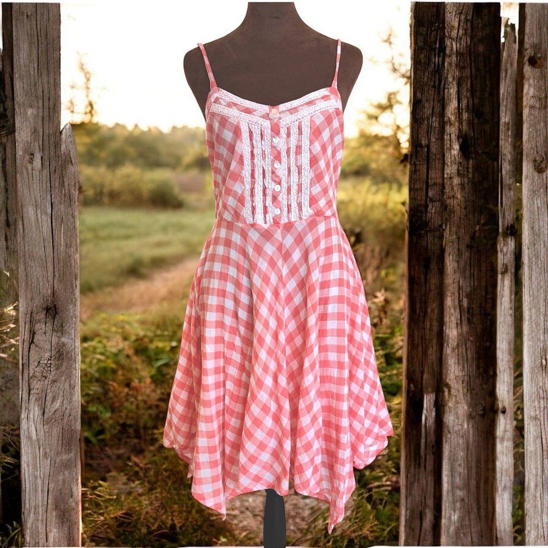Vintage Pink Gingham Sundress Handkerchief Dress Midi Prairie ...