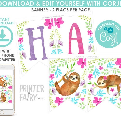 Sloth Banner EDITABLE Sloth Birthday Party EDIT YOURSELF | Etsy