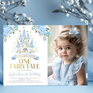 Blue Princess 1st Birthday Invitation With Photo (editable Template) - Etsy