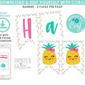 Pineapple Banner, EDITABLE, Luau Birthday Decorations, Bunting Banner ...