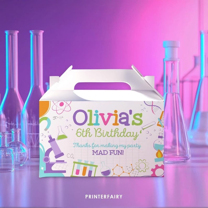 Science Birthday Party Gable Box Label, EDITABLE, Science Theme Party ...