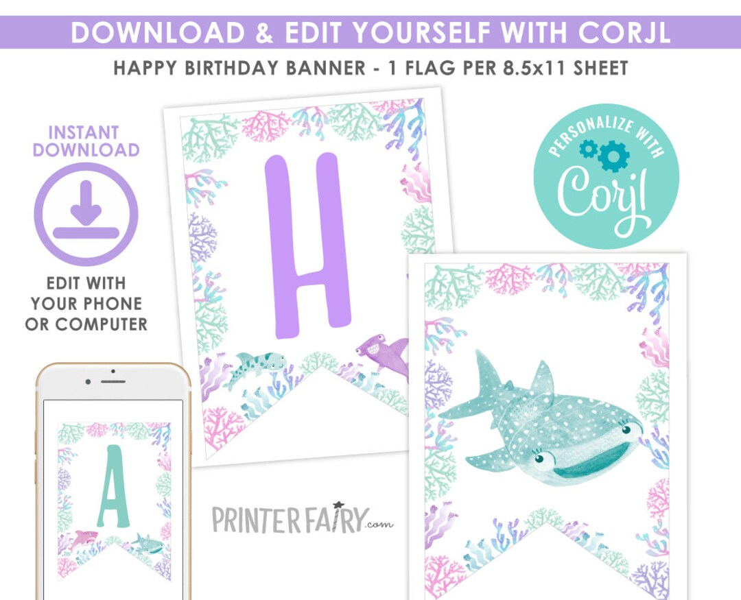 Shark Banner, EDITABLE, Shark Girl Birthday Party, Under the Sea ...