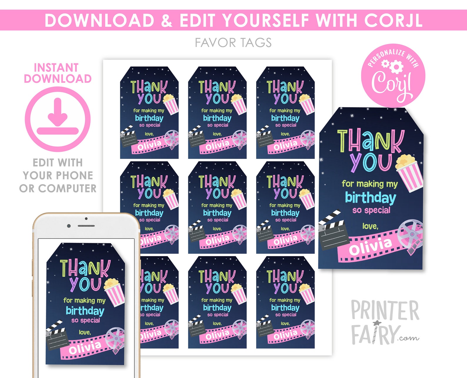 Movie Night Party Favor Tags Editable Template Thank You Tags, Movie ...