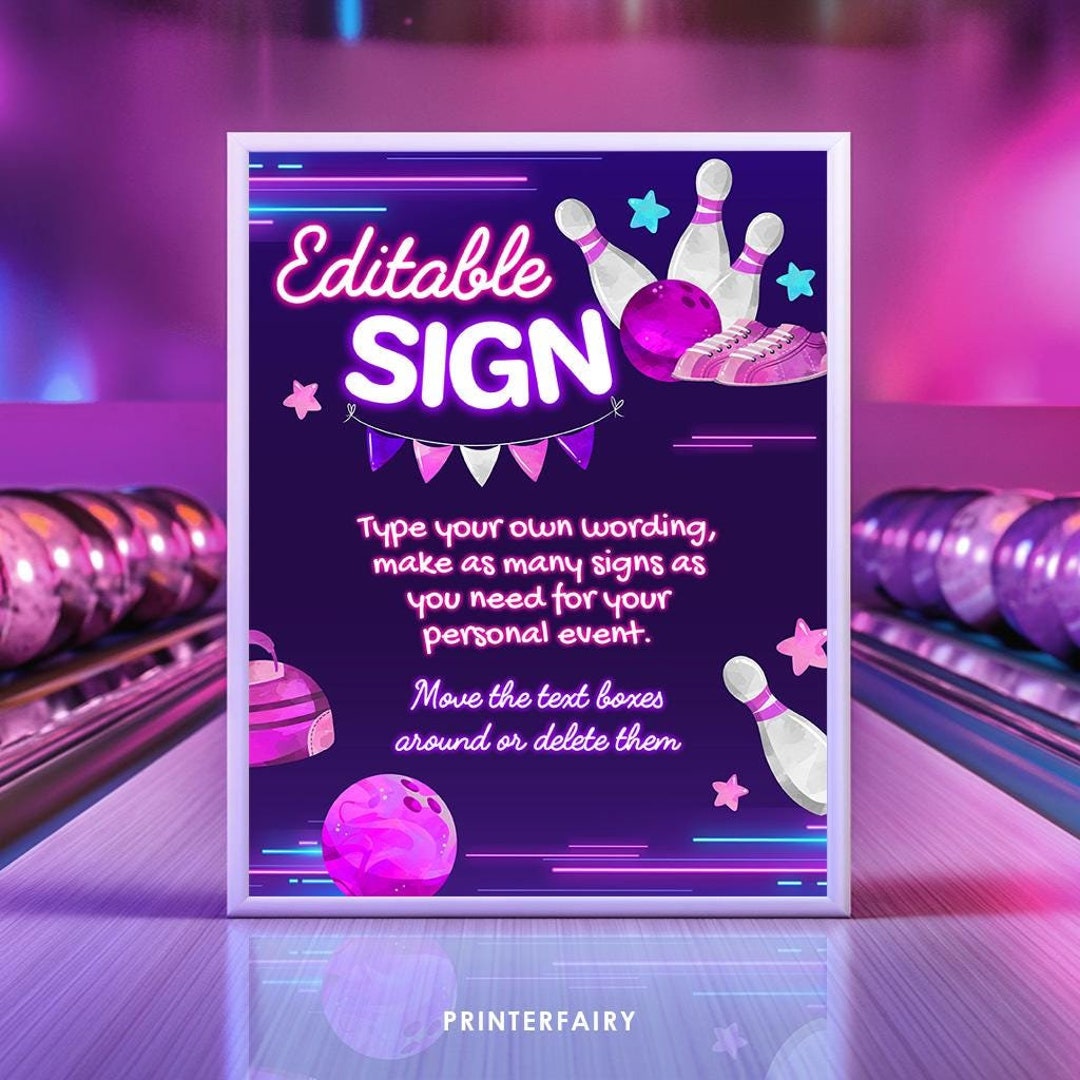 Bowling Birthday Party Editable Sign, Instant Download, Let's Strike up ...