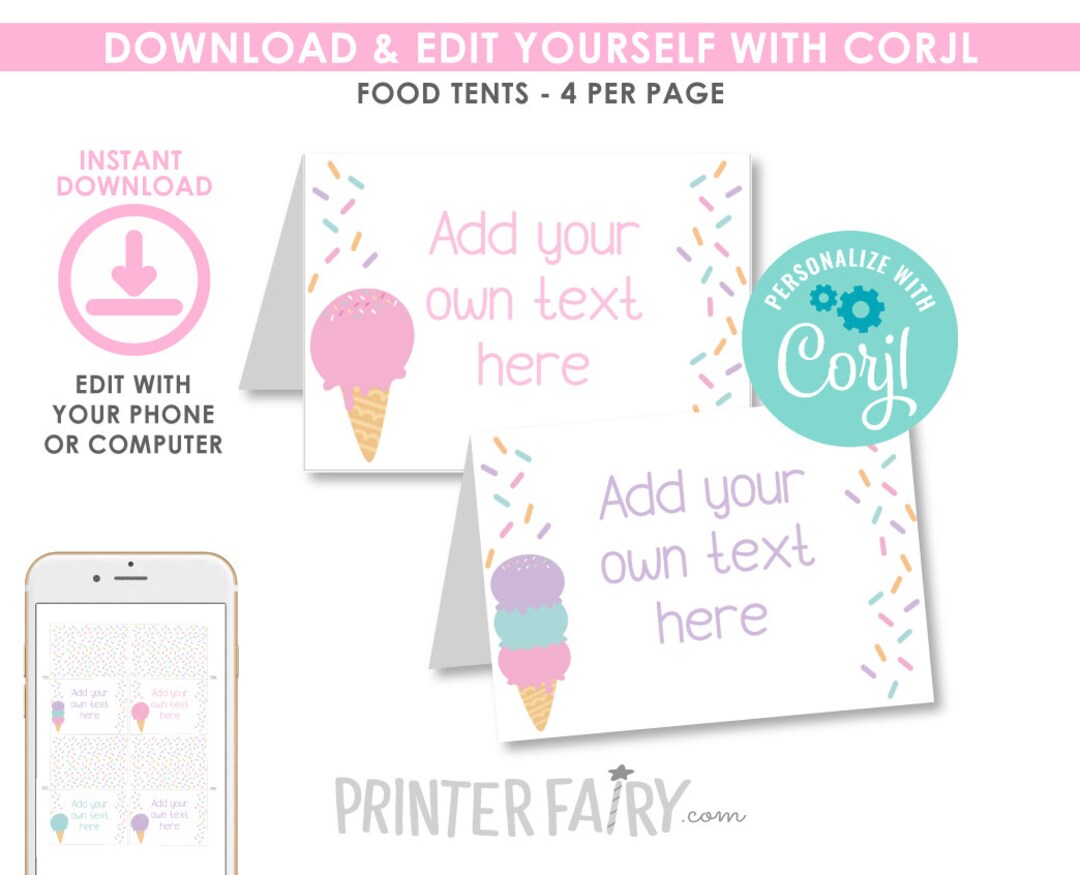 Ice Cream Food Tents, EDITABLE, Ice Cream Place Cards, Sundae Bar, Ice ...