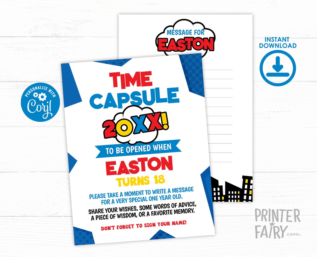 Superhero First Birthday Time Capsule, Editable, Little Superhero Party ...