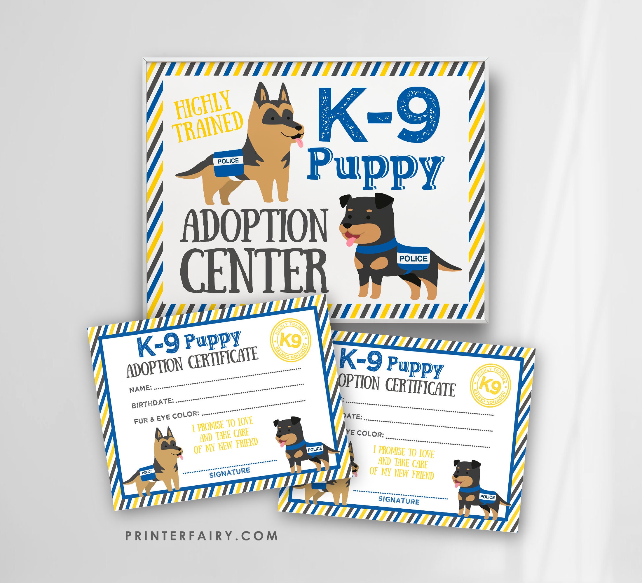K9 Puppy Adoption Sign and Certificate, Police Birthday Party (instant ...