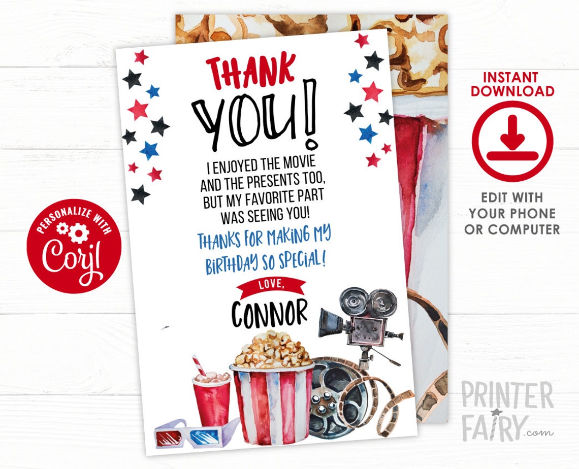 Movie Thank You Cards EDITABLE Template, Cinema Backyard Party, Thank ...