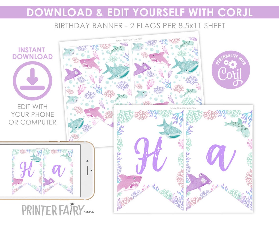 Shark Banner, EDITABLE, Shark Girl Birthday Party, Under the Sea ...
