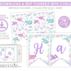 Shark Banner, EDITABLE, Shark Girl Birthday Party, Under the Sea ...