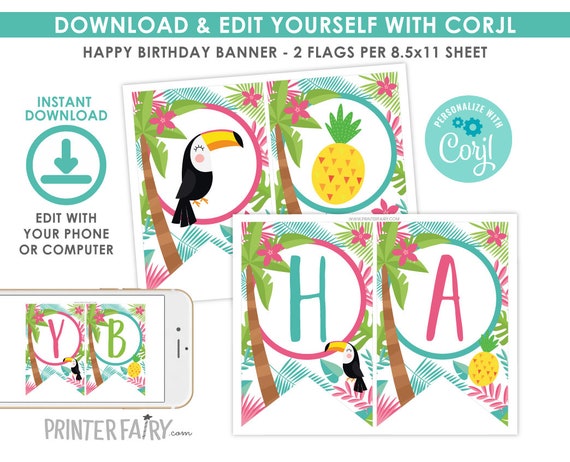 Luau Banner, EDITABLE, Hawaiian Birthday Decorations, Bunting Banner ...
