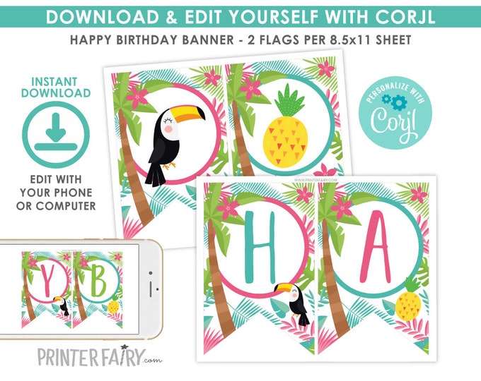 Luau Banner EDITABLE Hawaiian Birthday Decorations Bunting - Etsy