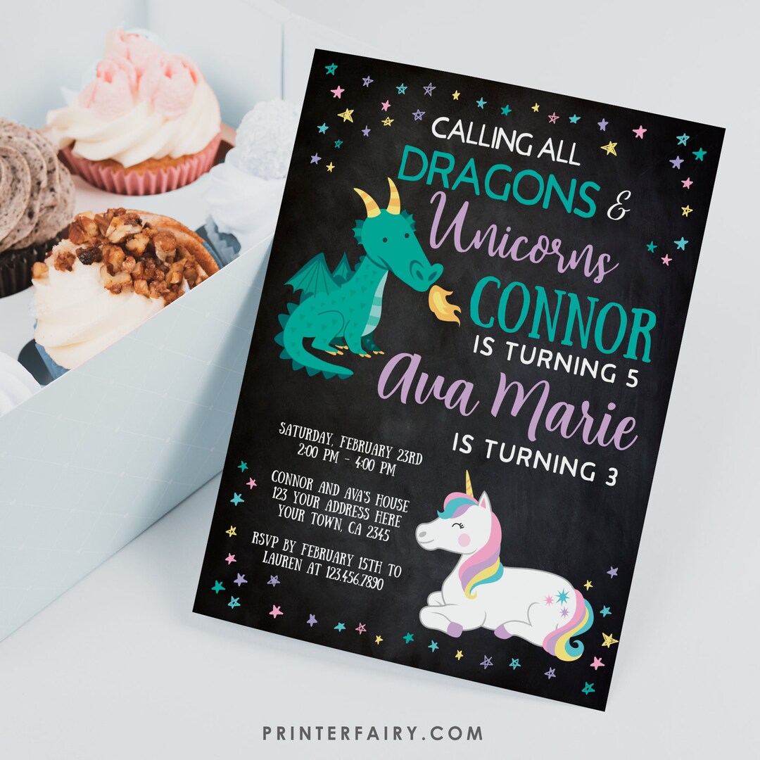 Unicorn and Dragon Birthday Invitation, Joint Party, Editable (digital ...
