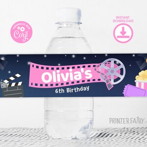 Movie Birthday Water Bottle Label, Editable Movie Night Birthday Party ...