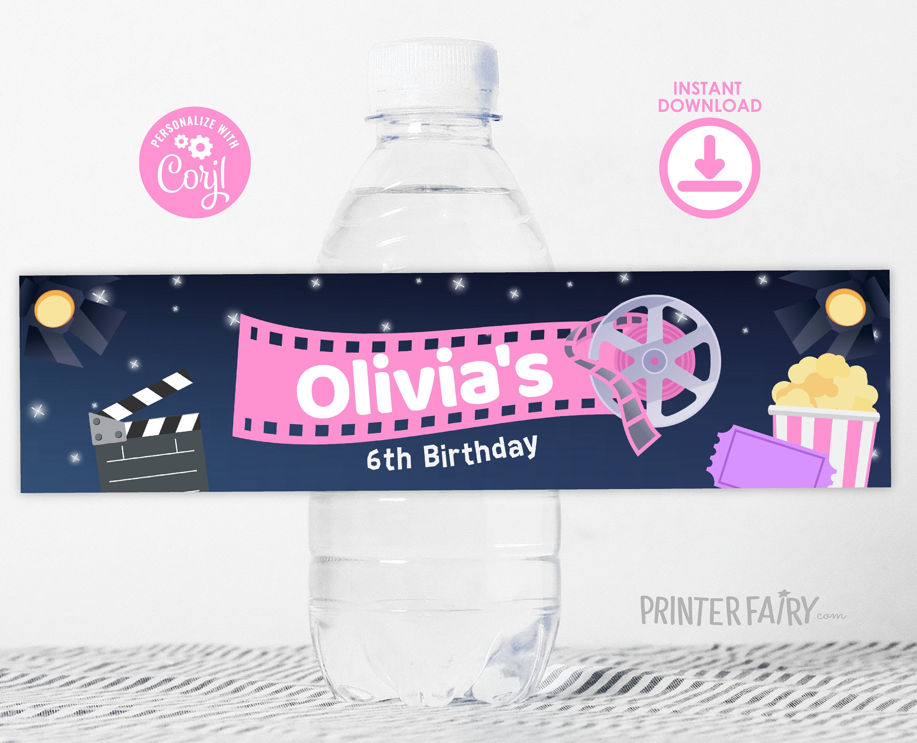 Movie Birthday Water Bottle Label, Editable Movie Night Birthday Party ...